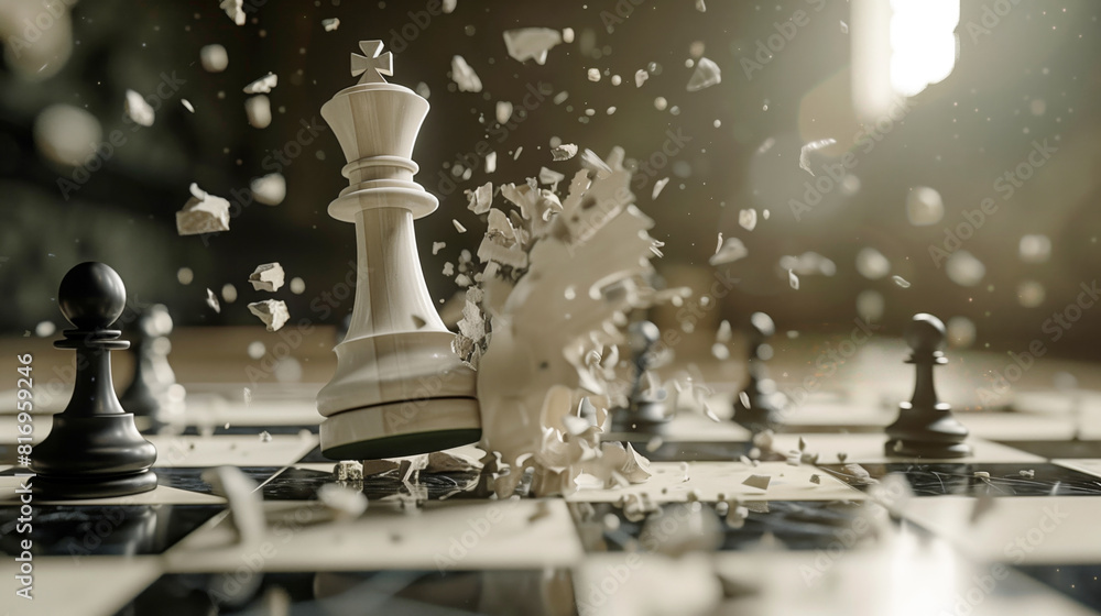Close-up shot of chess pieces in dramatic action on a chessboard, with ...