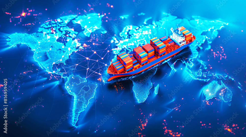 A cargo ship filled with colorful containers sails over a digitally ...