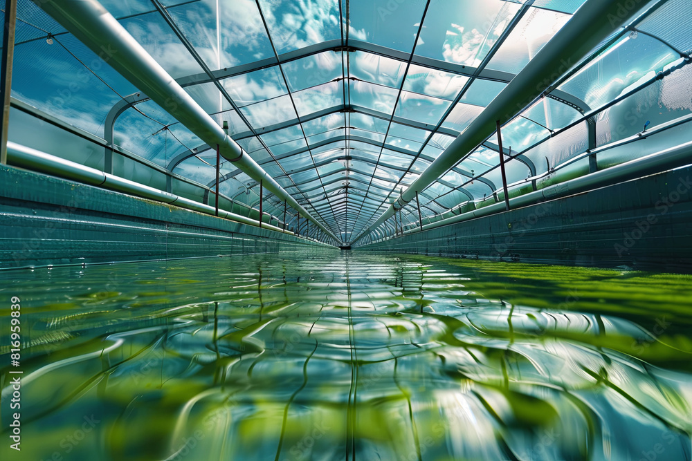 A dynamic image of the interior of an algae farm, emphasizing ...