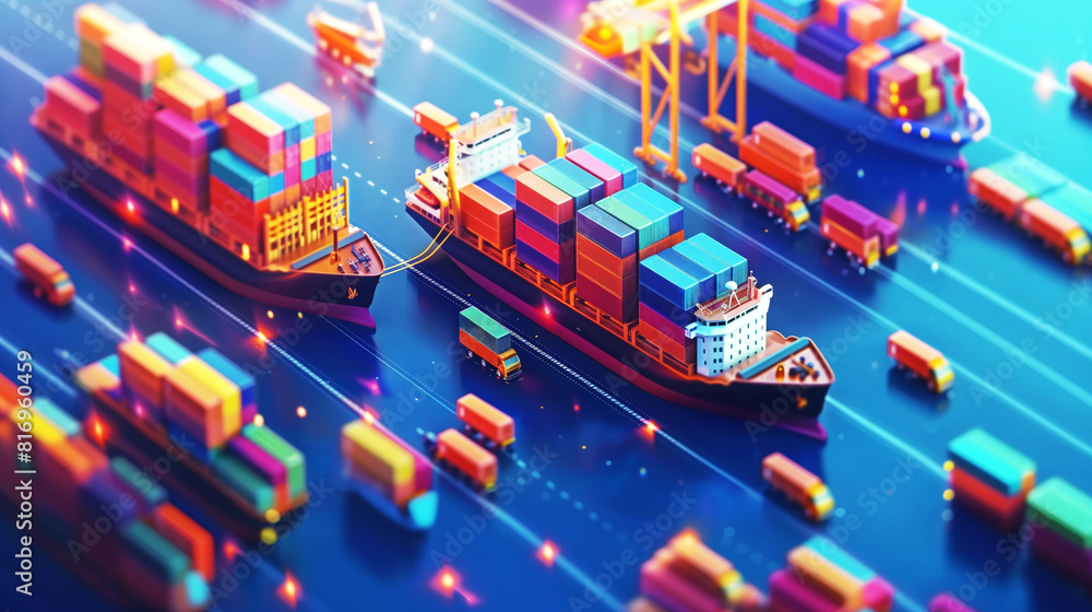 Digital illustration of a bustling port with container cargo ships ...