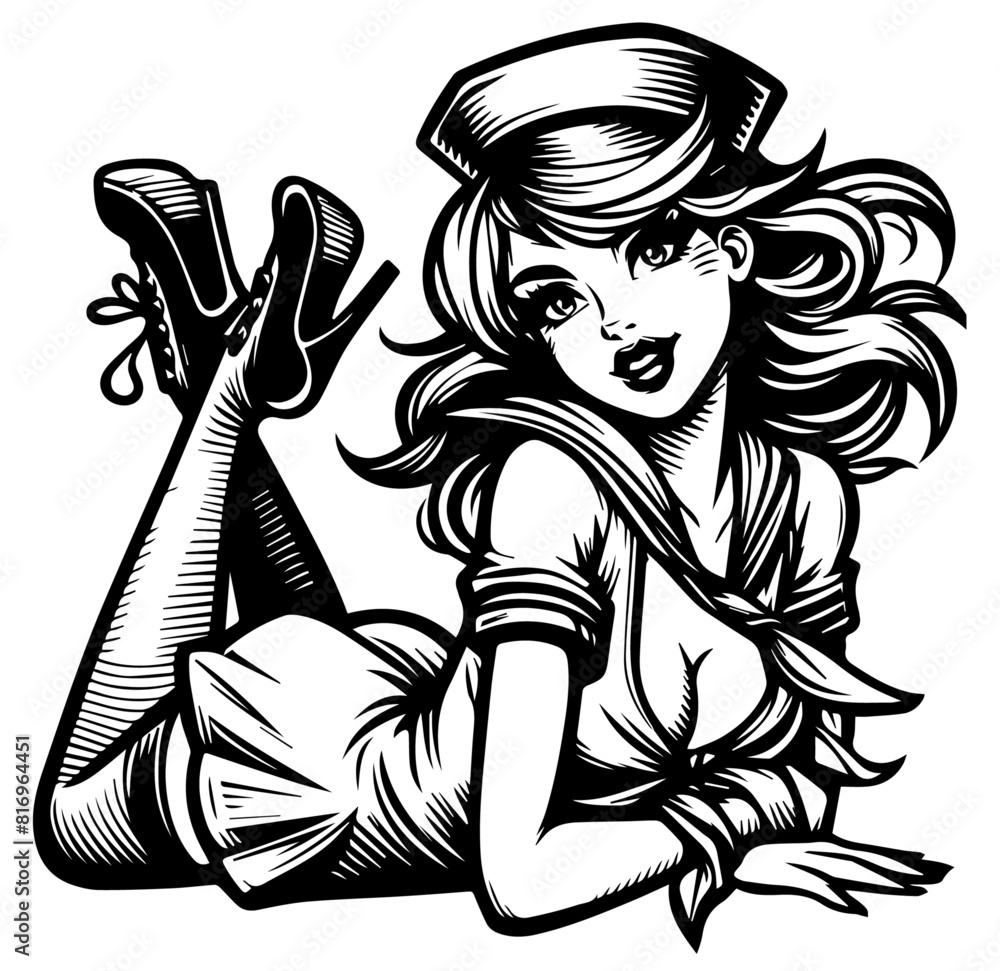 sailor pinup girl, beauty pin-up woman retro style black and white vector with transparent ...