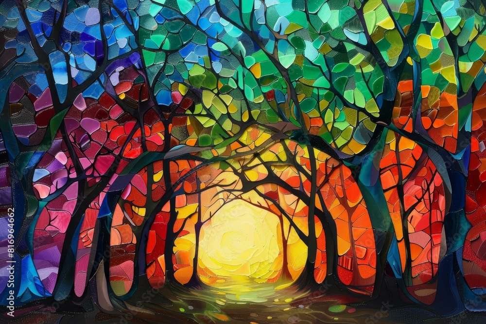 Vibrant and colorful abstract tree painting depicting a stylized forest ...