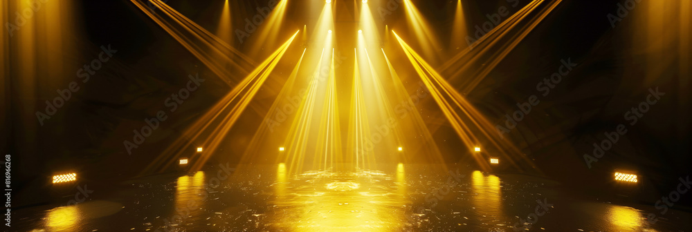 Dramatic stage lighting with multiple golden spotlights and ambient ...