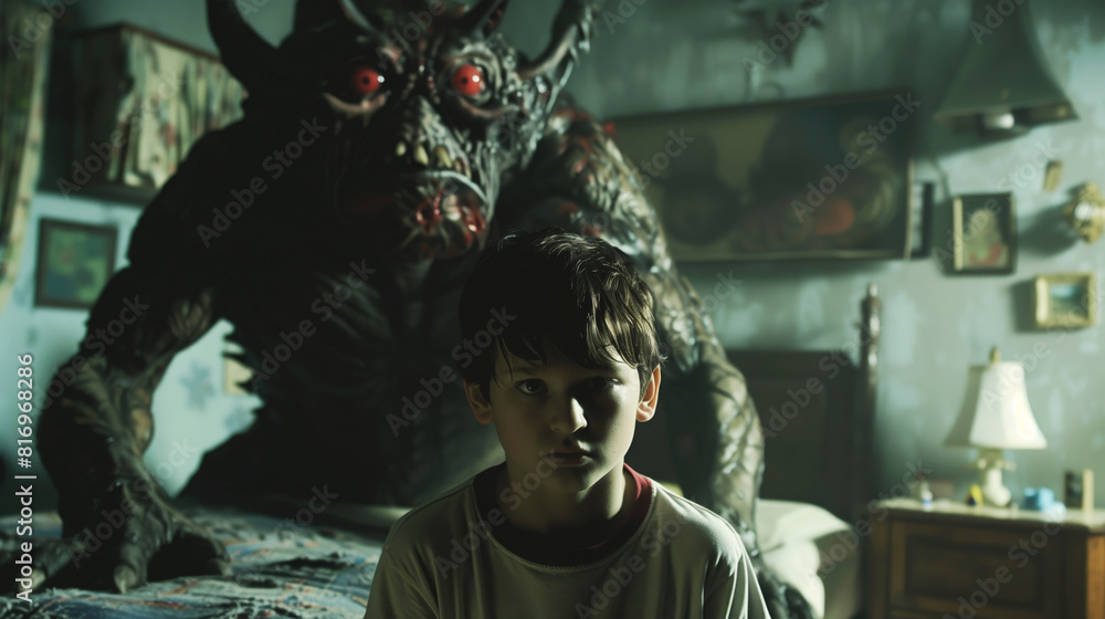 A young boy sits on a bed in a dimly lit room, with a large, menacing ...