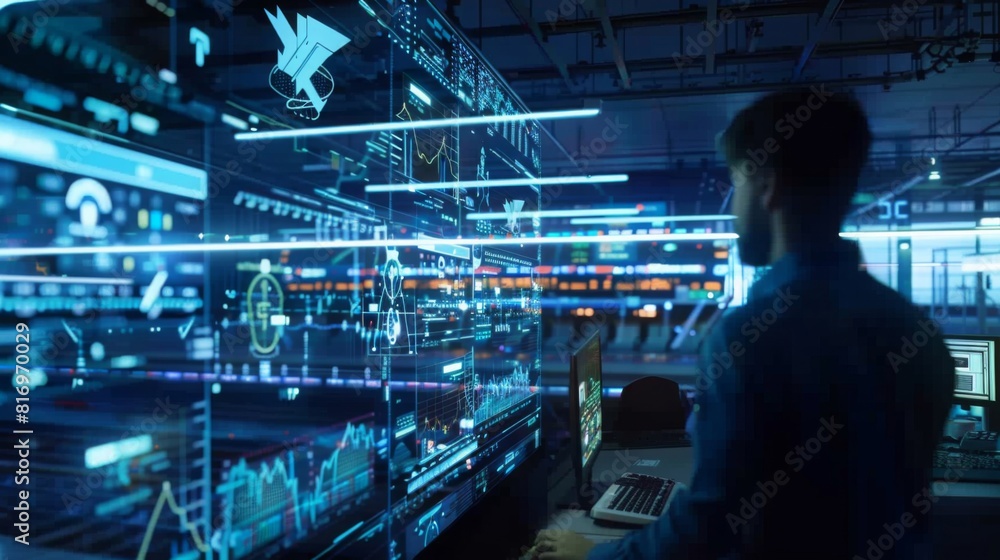 Create a scene of a cybersecurity team protecting a rail network, with digital locks and ...