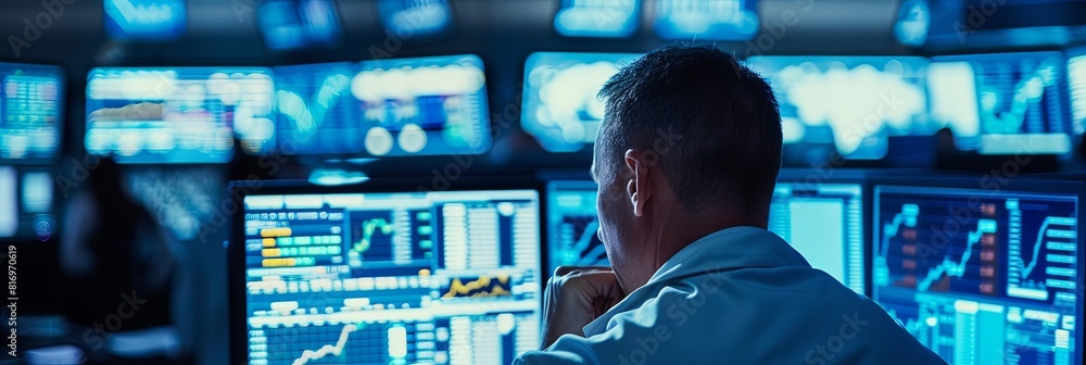 Stock market trader amidst a noisy trading floor, surrounded by ...
