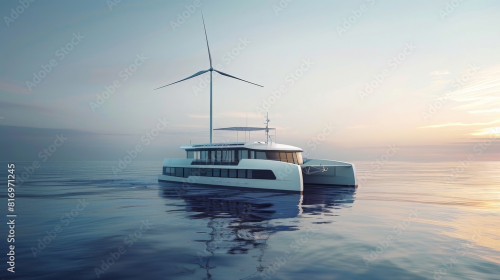 Capture the sleek silhouette of an eco-friendly vessel powered by ...