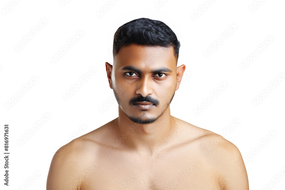 Indian man on white background. Before and After of hair loss treatment ...
