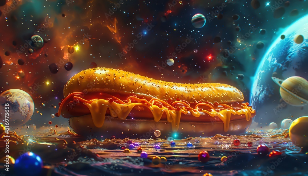 A giant hotdog floating in space, surrounded by stars and planets ...