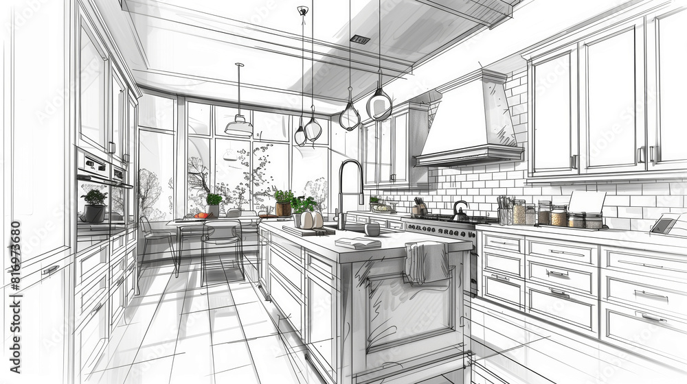 Stylized sketch of a modern kitchen interior featuring an island with ...