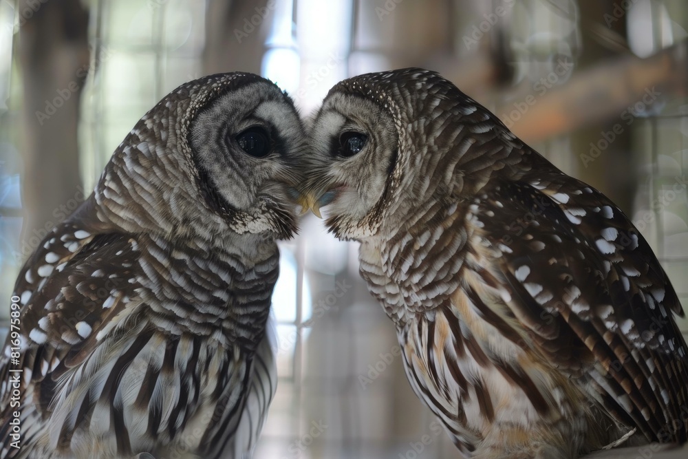 Barred owls exhibiting tender moments of affection by touching beaks in ...