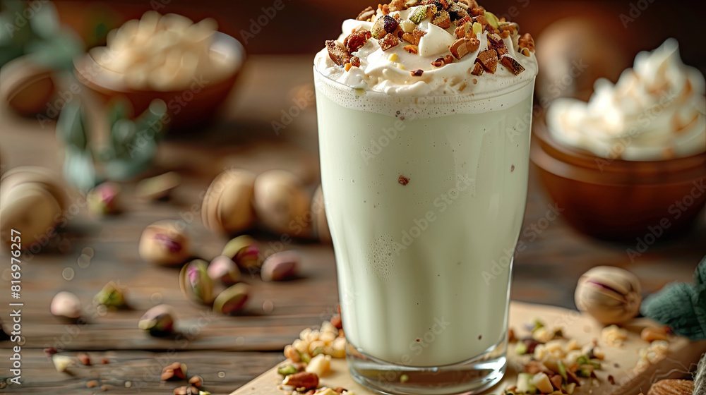 pistachio milkshake smoothie in a glass with chunks of fruit , milk ...