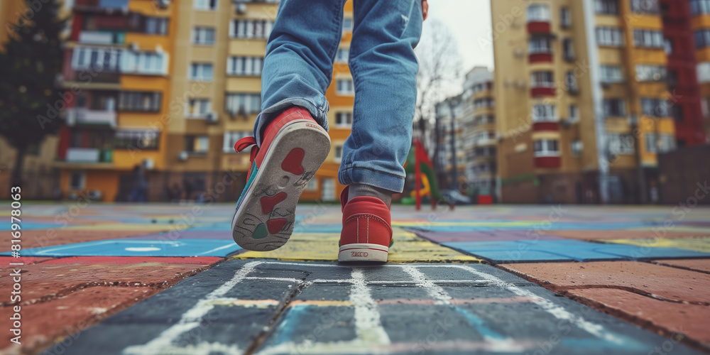 Legs of a child playing hopscotch in a street of a big city with tall ...