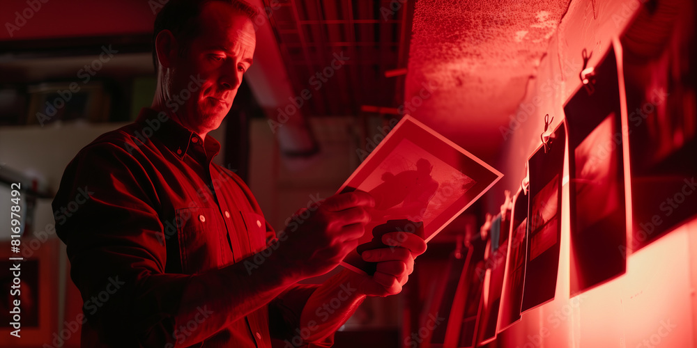 Silhouette of a photographer developing photos in a dark room. Man ...