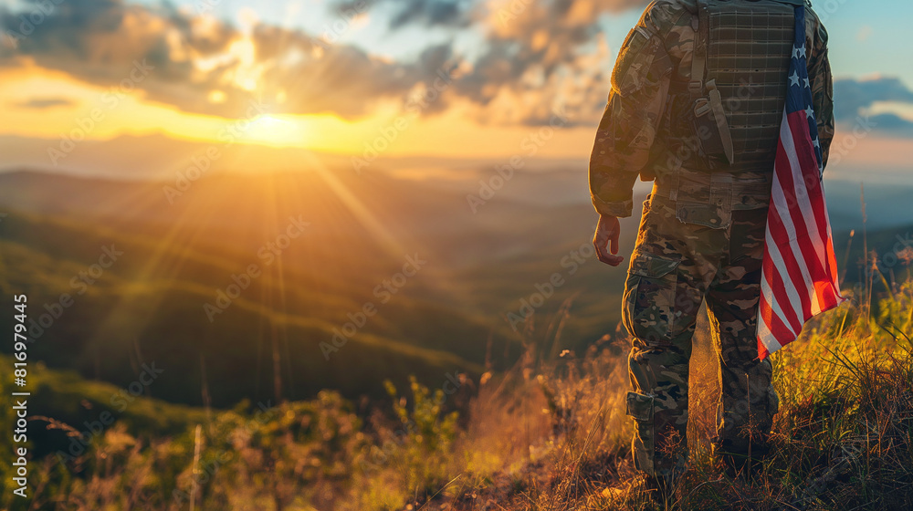 Close up of waving national USA flag on solder background. Memorial Day ...