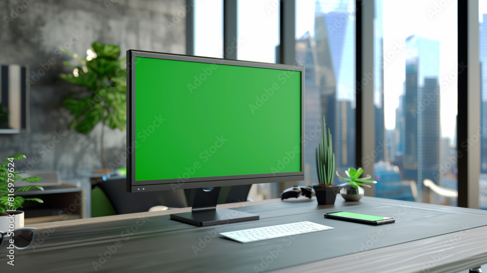 Modern office desk setup featuring a monitor with a green screen, a ...