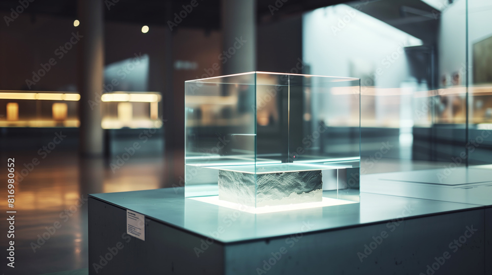 A dimly lit exhibition hall featuring a contemporary display case with ...