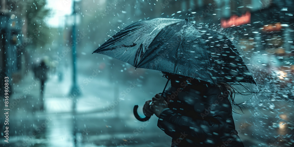 Person wearing raincoat withstanding strong wind and heavy rain in a ...
