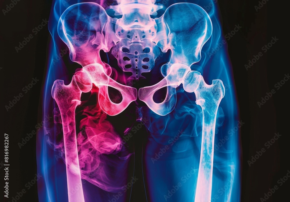 A detailed X ray of the hip area highlights areas with red and blue ...