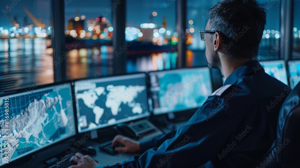 Depict a fleet manager monitoring multiple ships from a command center ...