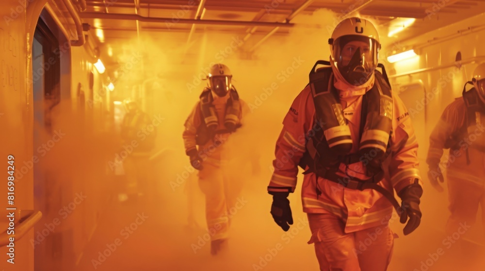 Depict a simulated emergency response exercise onboard a ship, with ...