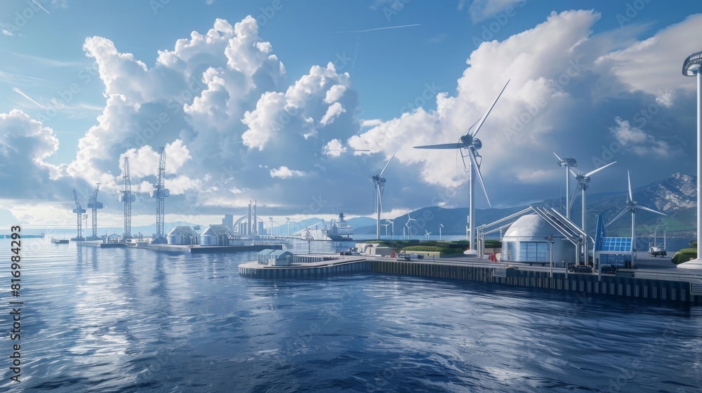 Depict a futuristic port powered by renewable energy sources, with ...