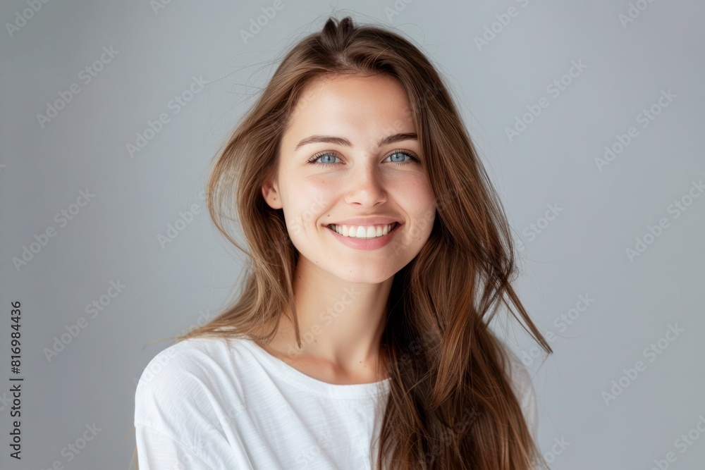 portrait of young happy woman, beautiful female profile photo on studio ...