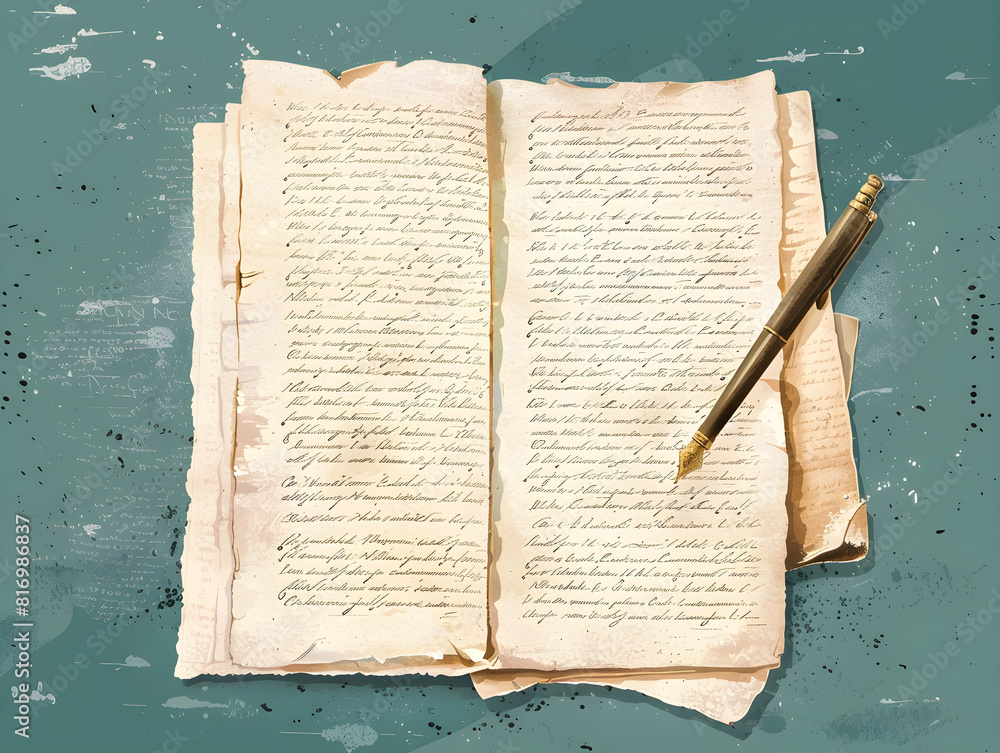 Vintage Open Book with Aged Yellowed Pages and Handwritten Cursive Text ...