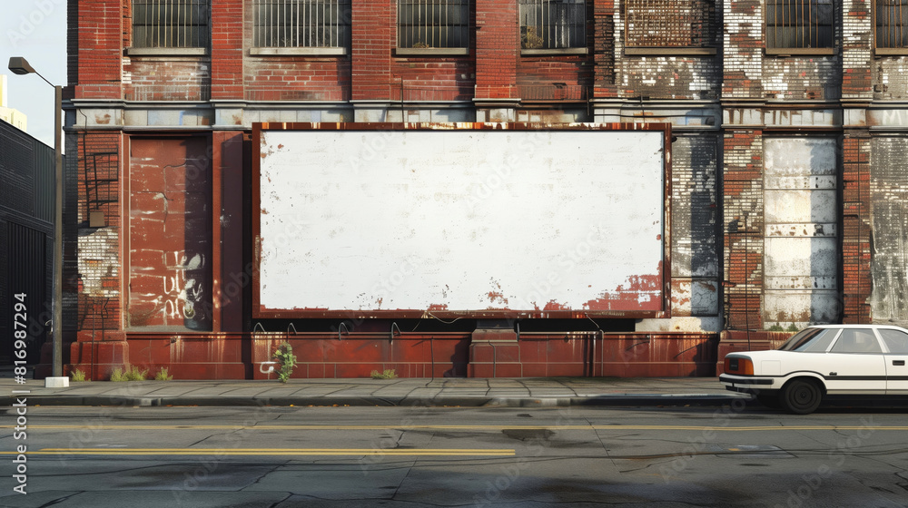 Urban street scene with a distressed brick building facade and a large ...