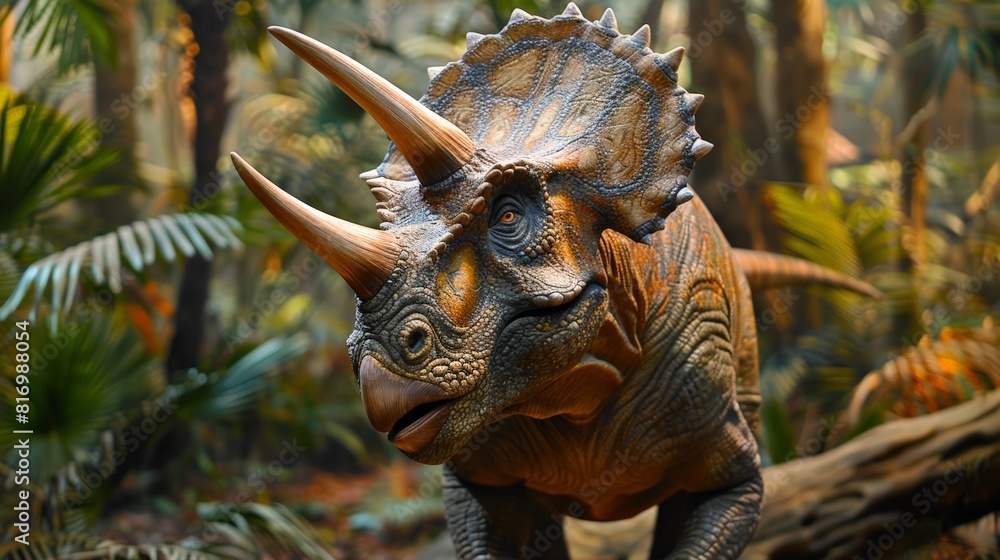 Triceratops in lush jungle, showcasing brown and green textured scales ...