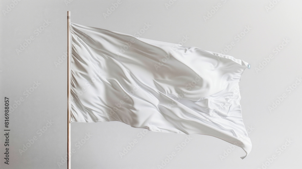 A white flag waving in the air on a simple flagpole, set against a ...