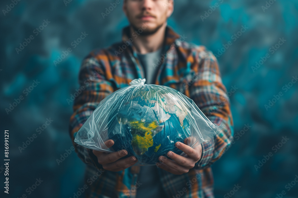 Hands holding planet earth wrapped in plastic. The concept plastic ...