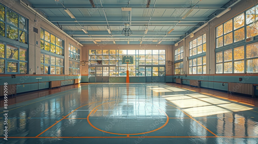 A gymnasium with basketball hoops, volleyball nets, and other sports ...