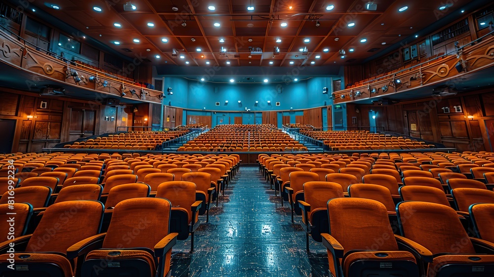 A school auditorium with rows of seats and a stage, ready for ...