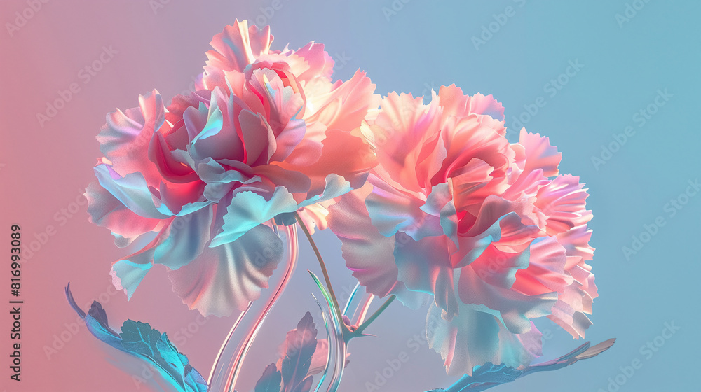3 pink carnation flowers in 3D surreal style on gradient holographic ...