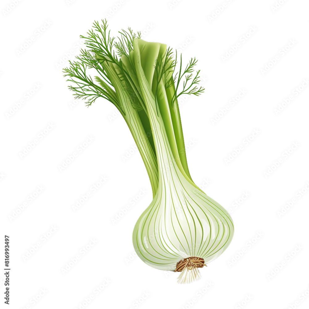 A cross section of a white bulb of fennel with green stalks and leaves ...