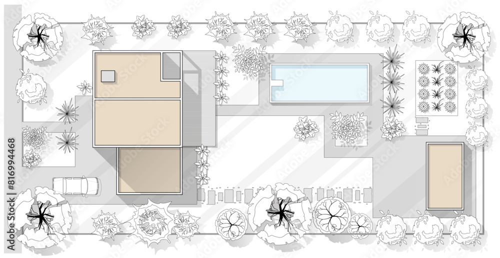 Top view landscape design plan with house, courtyard, lawn, garage and ...
