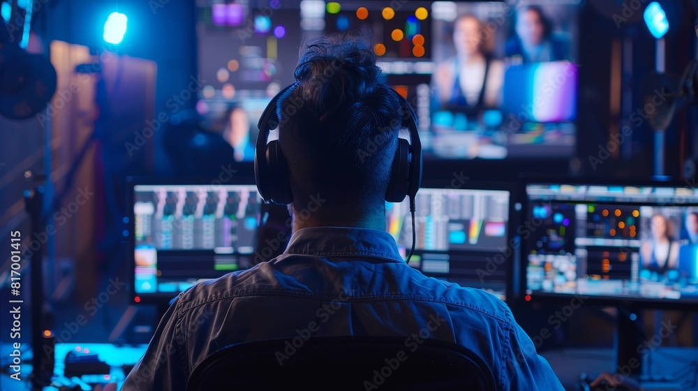 Broadcast producer directing live feeds on multiple monitors, focus on ...