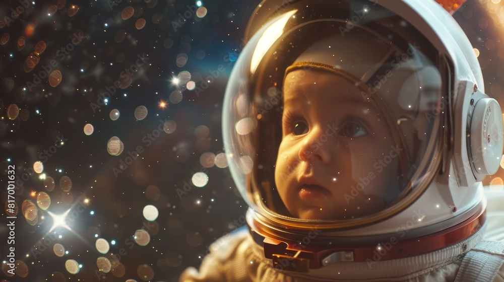 Cute baby astronaut taking small steps in outer space, close up on the ...