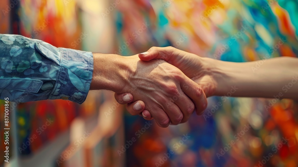 Artists agreeing on a gallery display through a handshake, focus on ...
