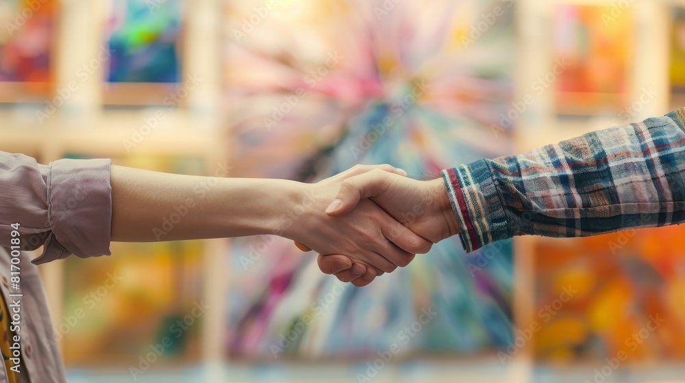 Artists agreeing on a gallery display through a handshake, focus on ...