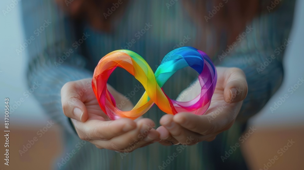 Colorful autism infinity rainbow symbol sign in outstretched woman ...