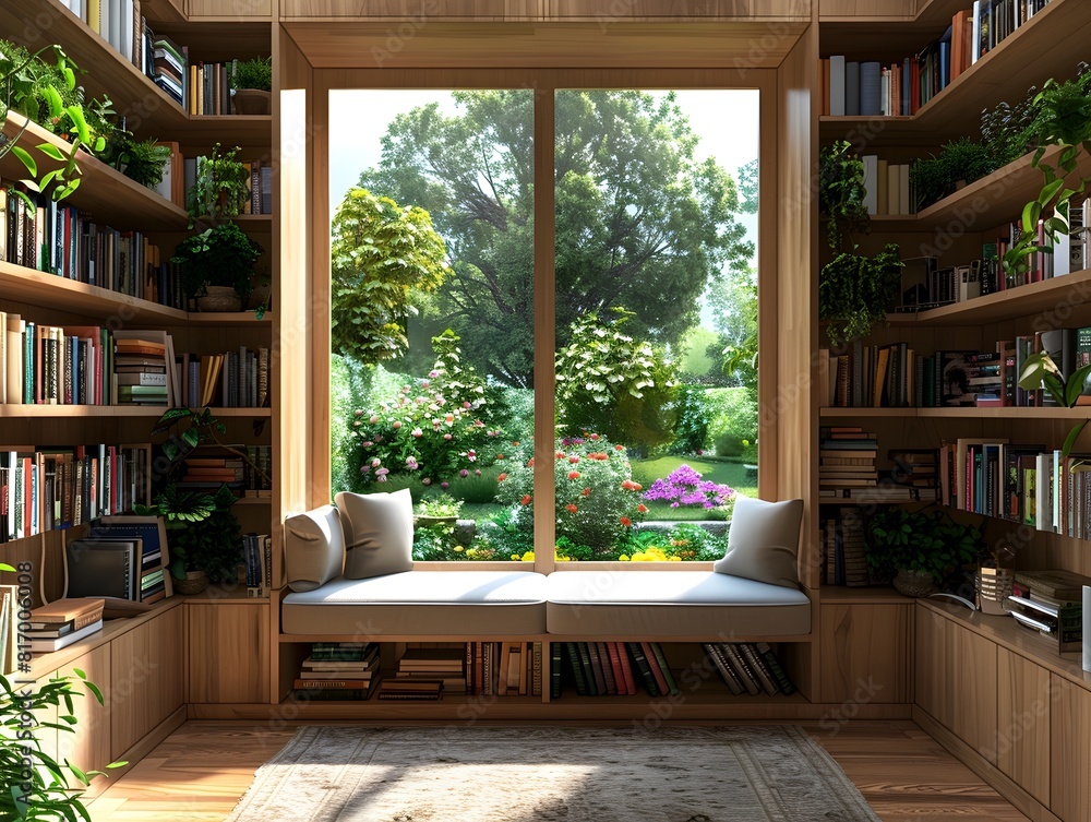 Minimalist Home Library with Builtin Bookshelves and Window Seat ...
