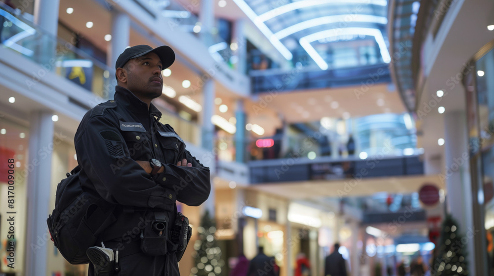 A security guard in uniform stands with folded arms inside a modern ...