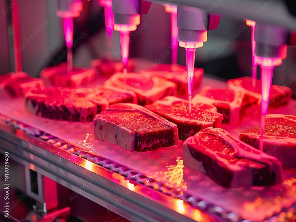 Bioprinter in action top view, 3D printing steak layers, modern ...