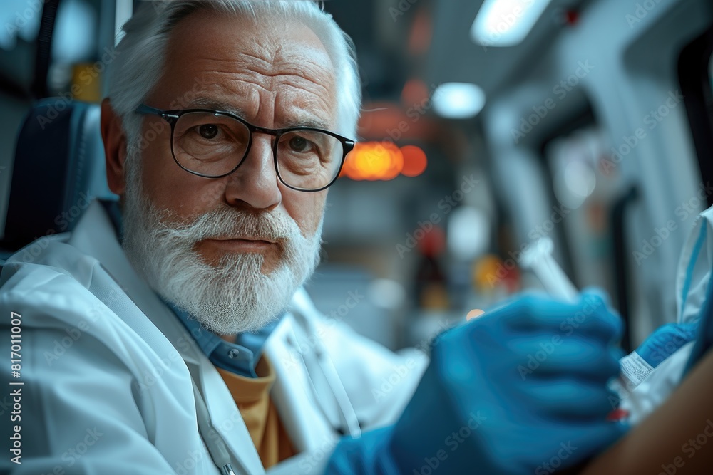 Blood donor concept. Doctor collect blood sample and hold needle into ...