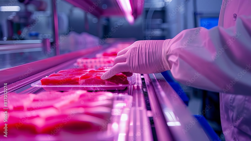 Quality control side view, inspecting cultured meat for commercial use ...