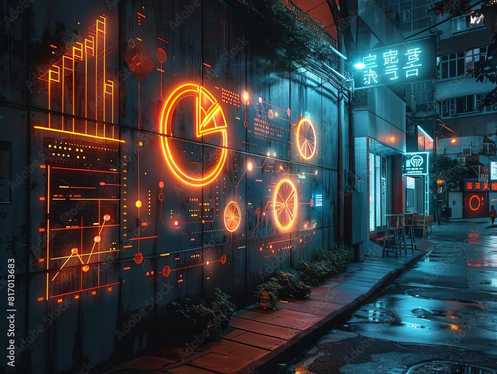 A series of minimalist pie charts and bar graphs etched in neon on a ...