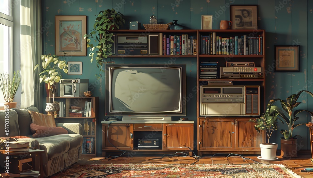 A nostalgic throwback to a 1980s living room with VHS tapes and a bulky ...