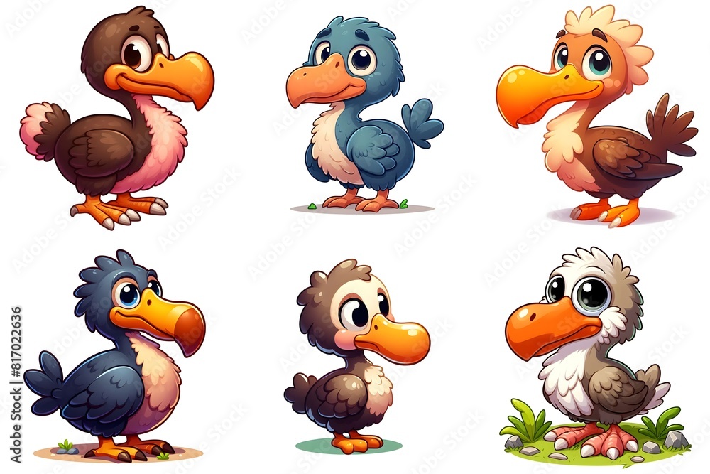 Cartoon illustrations of cute colorful dodo birds, set of animal game ...